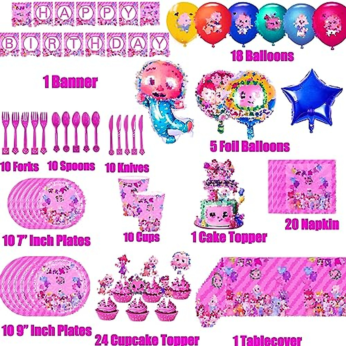 Pink Cartoon Birthday Party Supplies for Kids Decorations Flatware, Banner, Cups, Balloons, Napkins, Plates, Tablecloth, Cake Toppers Birthday Party Favor Pack Set for Boy and Girl