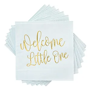 BLUE PANDA 50 Pack Pink Baby Shower Napkins –“Welcome Little One” Light Blue Napkins with Gold Foil for Baby Shower Decorations (5x5 In) - Baby Boy Shower Napkins - Welcome Baby Napkins