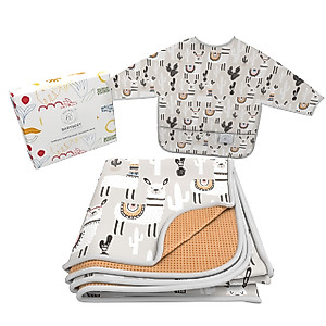 BABYBOET Splat Mat for Baby – Under High Chair Floor Mat Protects Wood, Vinyl and Carpet from Spills – Waterproof 4 Layer Baby Mat Bundle with Waterproof Matching Smock (51” x 51”)