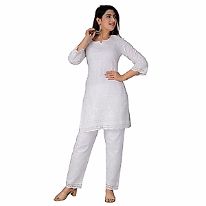 JG JAI GOVINDAM Chikankari Cotton Indian Kurtis for Women Summer Dresses Tunic Top Pant Set Pakistani Salwar Kameez Suit Set White-(X-Large)