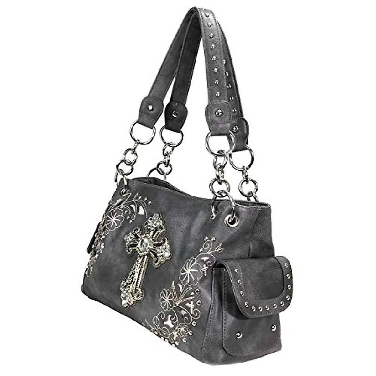 Zzfab Rhinestone Cross Embroidered Floral Western Handbag Grey