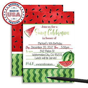 Watercolor Watermelon Birthday Party Invitations, 20 5x7 Fill In Cards with Twenty White Envelopes by AmandaCreation