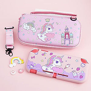 RHOTALL Carrying Case for Nintendo Switch Lite, Cute Case Cover Accessories Bundle for Switch Lite with TPU Protective Shell, Adjustable Shoulder Strap, Screen Protector and 2 Thumb Caps - Unicorn