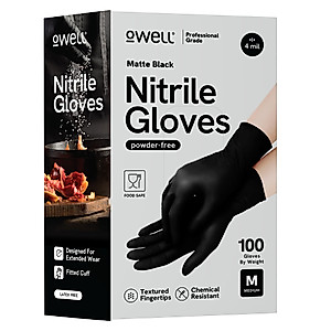 OWELL Black Nitrile Gloves Disposable Latex Free – 4 mil Nitrile Gloves MEDIUM Disposable Gloves Black Cooking Gloves Disposable Food Safe Powder Free Latex Free Gloves (MEDIUM - 100 Count)