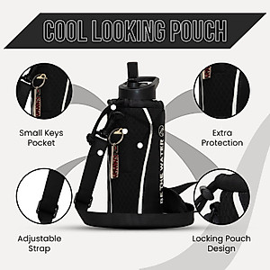 BE THE WATER 32 oz Sports Water Bottle with a Pouch 3 Lids 2 Straws - Keeps Hot and Cold Water, Leak Proof, Double Walled Vacuum Insulated Stainless Steel, Metal Water Bottles