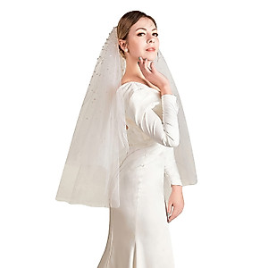 Wedding Veil for Bachelorette Party Wedding Accessories Deco with Comb Bride Pearl Veils for Brides (Ivory, 2T)