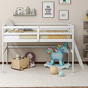 Tmosi Low Loft Bed Twin,Solid Wood Kids Twin Bed Frame with Ladders and Guard Rails,Space Saving Twin Size Loft Bed for Girl Boy,No Box Spring Needed,Easy to Assembly (White)