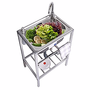 Free Standing Utility Sink Stainless Steel 1 Compartment Commercial Kitchen Sink Set Washing Station Hand Basin w/Cold Hot Water Pipe Faucet and Storage Shelves for Indoor Outdoor Laundry Garage (Col