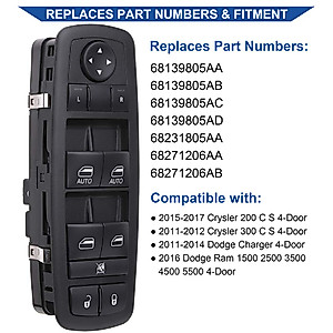 Obaee Front Left Window Switch 68231805AA Compatible with 2011-2012 Chrysler 300, 2015-2017 Chrysler 200, 2011-2014 Dodge Charger, 2016 Ram 1500 2500 3500 4500 5500 4-Door Replace 68139805AB