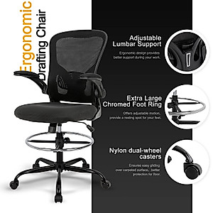Drafting Chair Tall Office Chair, Standing Desk Chair 3.9'' Cushion, Ergonomic Mesh Computer Chair with Adjustable Foot Ring & Flip-Up Arm, Executive Rolling Swivel Stool for Office & Home. (Black)
