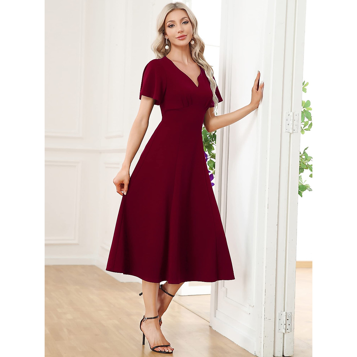 Ever-Pretty Women's Summer V-Neck Ruffles Sleeves Pleated Midi Evening Dress with Sleeves Burgundy US8