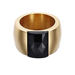 PAMTIER Women's Stainless Steel Gemstone Statement Ring Chunky Vintage Dome Wedding Band Gold Black Size 7