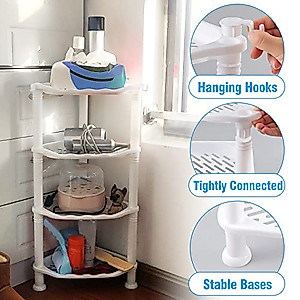 4-Tier Standing Corner Shower Caddy - 4 Shelf Plastic Bathroom Corner Stand with Drainage Holes & Hooks Plastic Shower Organizer Corner Standing Stand Up Bathtub Shower Shelf for Bathroom Living Room
