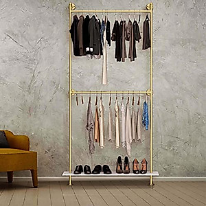 AIWFL Industrial Pipe Clothing Rack Wall Mounted,Modern Simple Metal Clothes Rack,Vintage Retail Display Garment Rack with White Shelves,Metal Gold Clothes Racks with 2 Tier Hanging Rods(47.2" L)