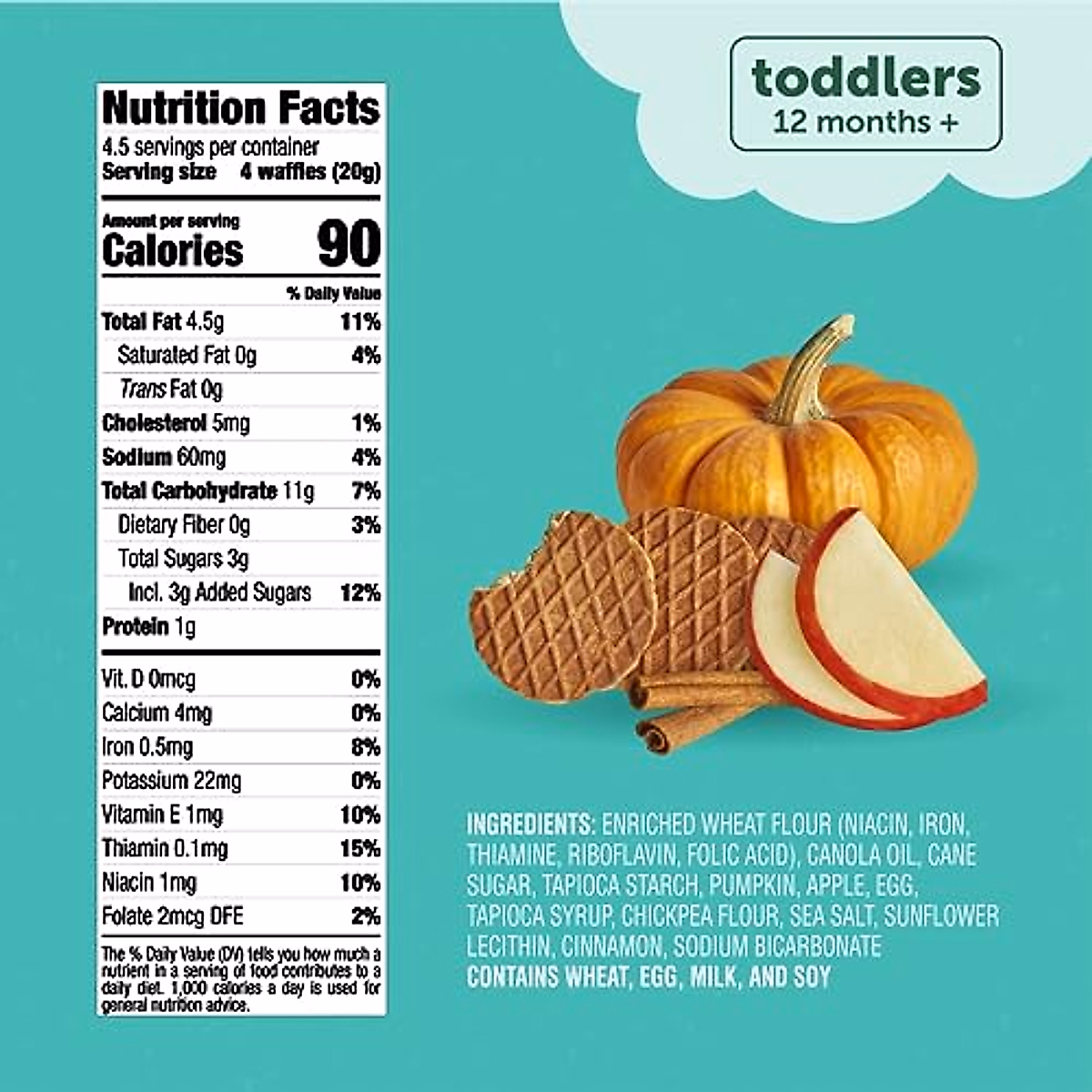 Beech-Nut Toddler Snacks, Mini Waffles with Hidden Veggies, Pumpkin Apple Cinnamon, Non-GMO, 3.2 oz Bag (7 Pack)