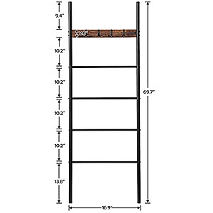 HOOBRO Blanket Ladder, 5-Tier Ladder Shelf, Wall-Leaning Rack, Decorative Ladder with 4 Removable Hooks, for Bathroom, Metal Frame, Rustic Brown BF61CJ01