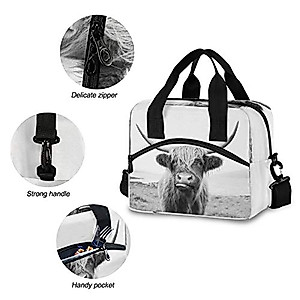 Blueangle Funny Scottish Highland Cow Portable Lunch Bag with Detachable Shoulder Strap, Insulated Cooler Thermal Reusable Bag Lunch Box Handbag