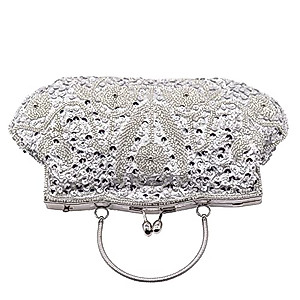 Mogor 1920s Women Vintage Beaded Sequin Evening Handbag Formal Crossbody Evening Clutch Prom Cocktail Party Handbags（Silver）
