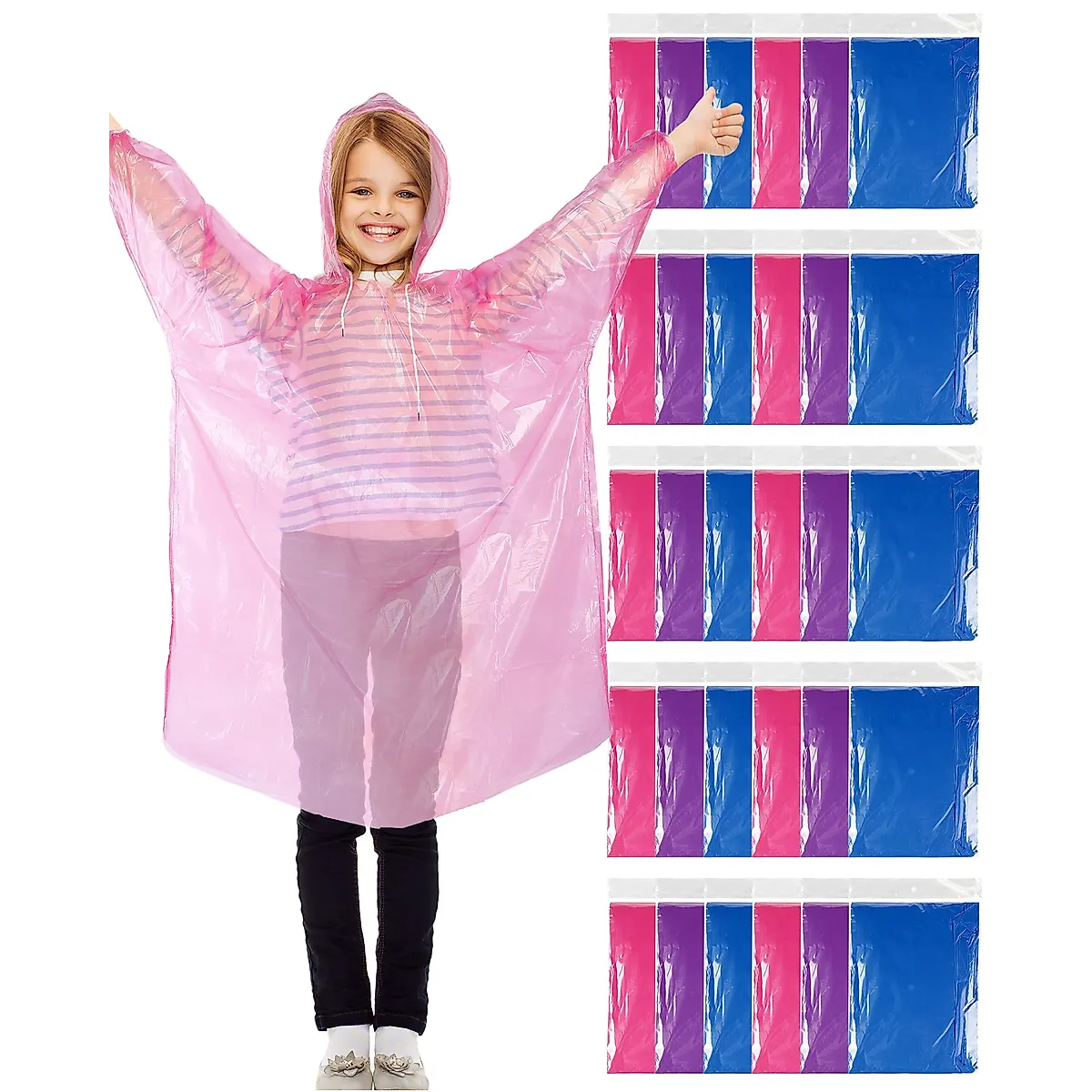 30 Pcs Kids Rain Ponchos Bulk Disposable Rain Ponchos for Kids Emergency Ponchos Disposable Ponchos Pack (Pink, Purple, Blue)