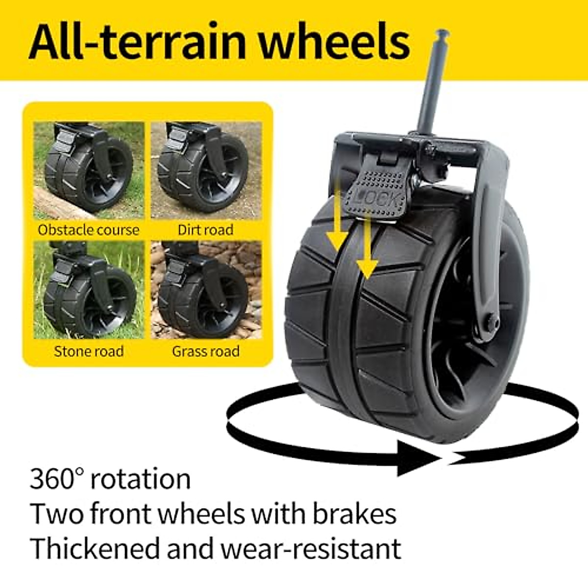 Heavy Duty Utility Collapsible Wagon with All-Terrain 4in×7in Wheels,Load 440 Lbs,Portable 200L Large Capacity Beach Wagon,Adjustable Handle for Garden,Outdoor,Camping,Beach, Shopping (Black & Khaki)