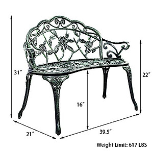 Giantex Outdoor Garden Bench Iron Patio Benches for Outdoors, Porch Bench Chair with Curved Legs Cast Aluminum Rose Antique Style, Green