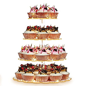 Sibeauty Cupcake Stand 4 Tier Round Acrylic Cupcake Display Stand with LED String Lights Cupcake Holder Stand Dessert Pastry Tower for Wedding Birthday Party