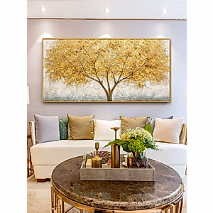 Gold Tree of Life Canvas Wall Art For Living Room -Hand Painted Gallery Wrapped Oil Painting for Bedroom-Framed 3D Wall Decoration for Office Kitchen 20x40 inches