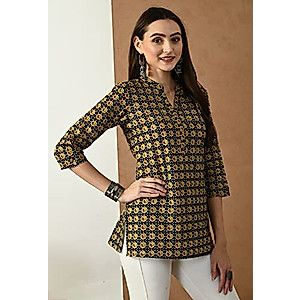 Lagi Women Straight Mandarin Collar 3/4 Sleeves Printed Short Cotton Kurti, Black & Mustard (XS)