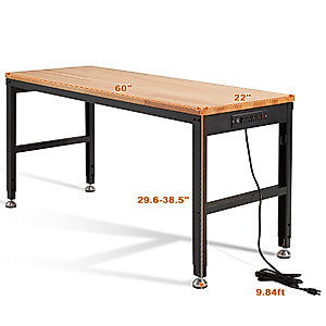 Haddockway Adjustable Workbench for Garage, 60" x 22" Rubber Wood Top Worktable with Power Outlets, Max 2000 Lbs Load Capacity Heavy Duty Workstation for Workshop Office Home (Black Frame, 60in)