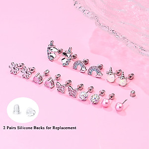 ZELORES 8 Pairs Cute Screw Back Earrings for Women Pink CZ Heart Unicorn Stud Earrings Stainless Steel Flower Butterfly Screwback Earrings Set (Set1)