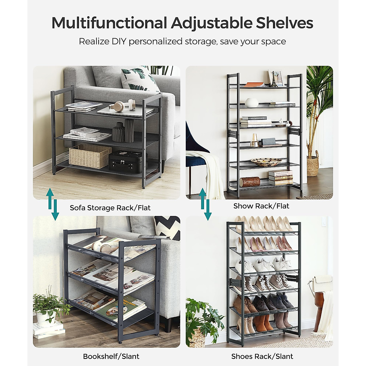 SONGMICS 6-Tier Shoe Rack Storage, Metal Shoe Organizer Stand for Garage, Entryway, Set of 2 3-Tier Stackable Shoe Rack Shelf, with Adjustable Flat or Angled Shelves, Holds 18-24 Pairs, Grey