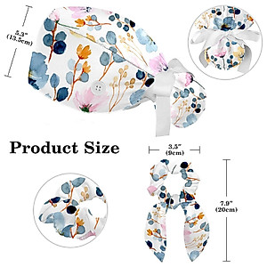 Adjustable Floral Design Scrub Cap, Working Hat Hair Cover with Ponytail Pouch, Soft Bouffant Surgical Nurse Cap