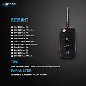 ECCPP Replacement fit for Uncut Keyless Entry Remote Key Fob Case Audi Series 4D0837231E (Pack of 2)