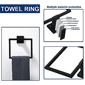 5 Pieces Bathroom Hardware Accessories Set Matte Black, 24Inch Bathroom Towel Rack Set SUS304 Stainless Steel, Square Bath Towel bar Set Wall Mounted, Heavy Duty