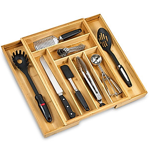 Expandable Drawer Utensils Organizer 100% Bamboo – Large Adjustable Wood Cutlery and Utility Drawer Insert. Kitchen Drawer Divider 8 Compartments.