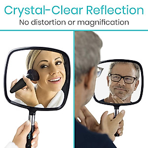 Vive Hand Mirror - Handheld Mirror with Handle - Extra Large Travel Portable Design - Makeup Mirror, Hair, Bathroom, Shaving, Barber - Vanity for Women, Men with Paddle Handle - Black Plastic Tool