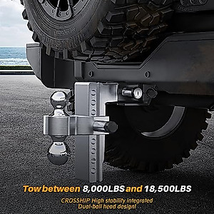 CROSSHIP Adjustable Trailer Hitch Ball Mount-Fit 2.5" Receiver, 8 Inch Drop/Rise Aluminum Drop Hitch with 2'' & 2-5/16'' Solid Dual Balls 18,500 LBS GTW-Tow Hitch for Heavy Duty Truck with Double Lock