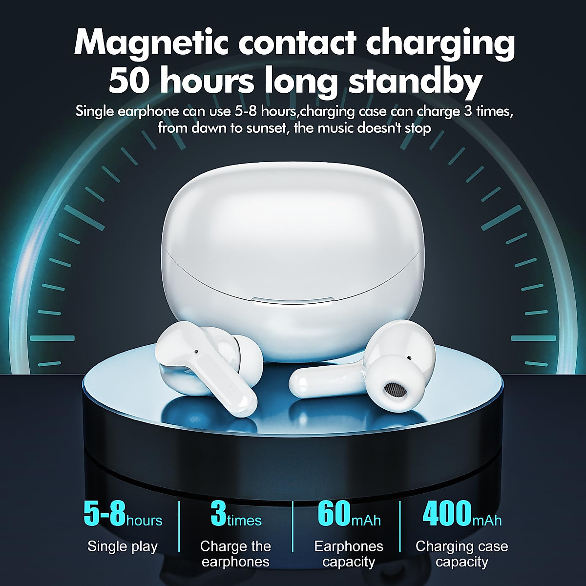 Bcaikair Wireless Earbuds, Bluetooth Headphones 5.3 HiFi Stereo, Wireless Earphones with ENC Noise Cancelling Mic, LED Digital Display in Ear Buds White