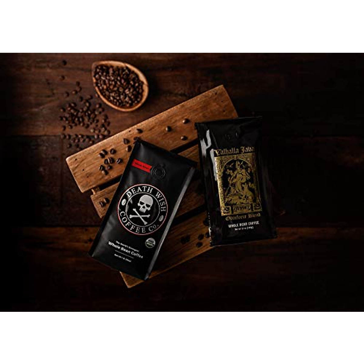 Death Wish Coffee Co. Whole Beans - Extra Kick of Caffeine - 1 lb & Valhalla Java Odinforce Blend 12 oz - Whole Bean Coffee Bundle/Bulk - USDA Certified Organic - Fair Trade - Arabica & Robusta Beans