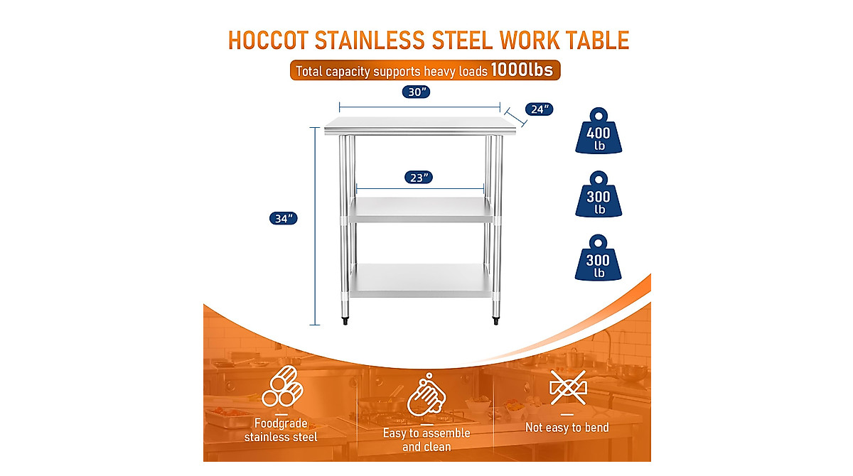 HOCCOT Stainless Steel Prep Table 24x30 with Adjustable Shelves