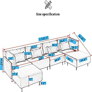 Lecut Sectional U-Shaped Couch 6 Seat Modular Sectionals Sofa Reversible Sectional Modular Sofa with Wide Chaise and 4 Pillows L-Shape Sectional Sofa for Living Room Bedroom Office 143”White