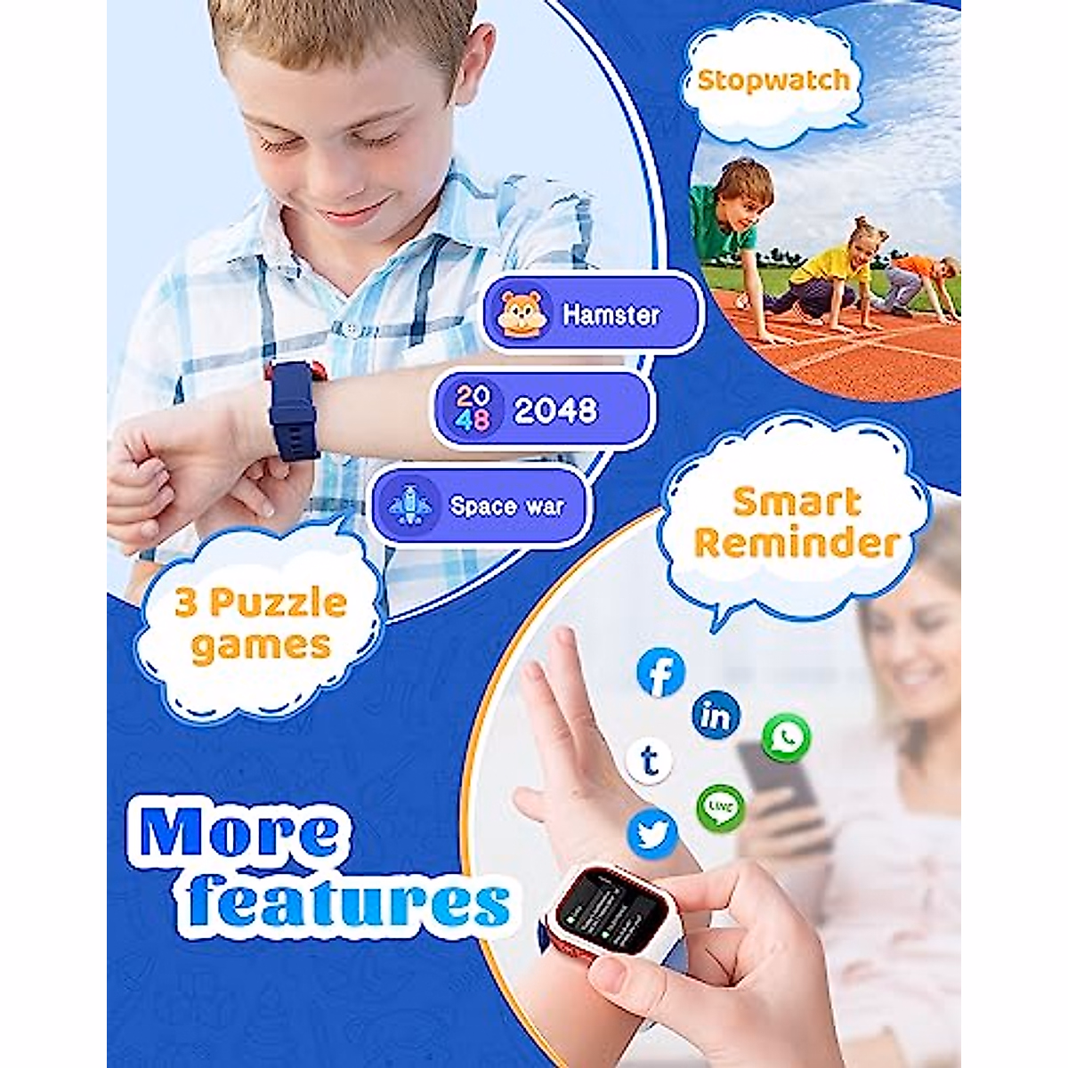 Cloudpoem Smart Watch for Kids Girls Boys, Kids Watch Fitness Tracker Watch with Pedometer Heart Rate Monitor Sleep Tracker Alarm Clocks Puzzle Games Calculator IP68 Waterproof, Kids Gift Blue