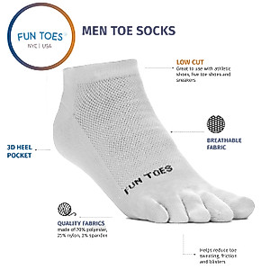 FUN TOES Mens Toe Socks Barefoot Running Lightweight -Value 6 Pairs Pack- Size 6-12 WHITE/GRAY