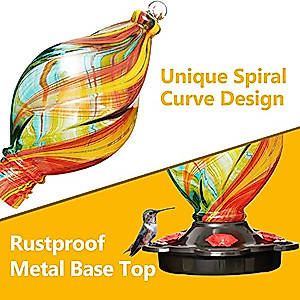 LUJII Ice Cream Shaped Spiral Hummingbird Feeder for Outdoors Hanging, Hand Blown Glass, 28 fl.oz, Leak Proof & Rustproof, Includes an Ant Moat, Unique Garden, Outside & Backyard Decor (Ribbon)