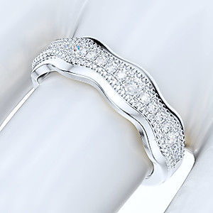 PRSTANI Sterling Silver Fancy Wave Shape Milgrain Simulated Round Brilliant Diamond Full Eternity Ring Wedding Band (12)