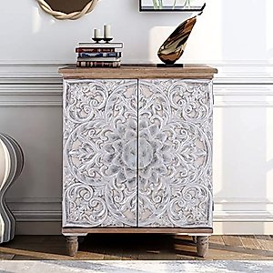 Sophia & William Accent Storage Cabinet with 2 Doors, Distressed Decorative Cabinet Storage Organizer with Wood Frame and Silver Embossed Pattern for Entryway Hallway Lvinig Room