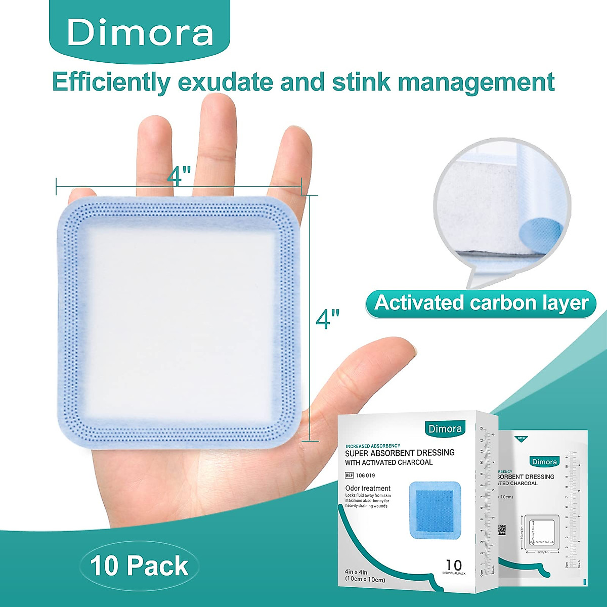 Dimora Upgrade Super Absorbent Dressing with Activated Charcoal for Wound Care, Odor Absorbing Pads 4"x 4" 10 Packs