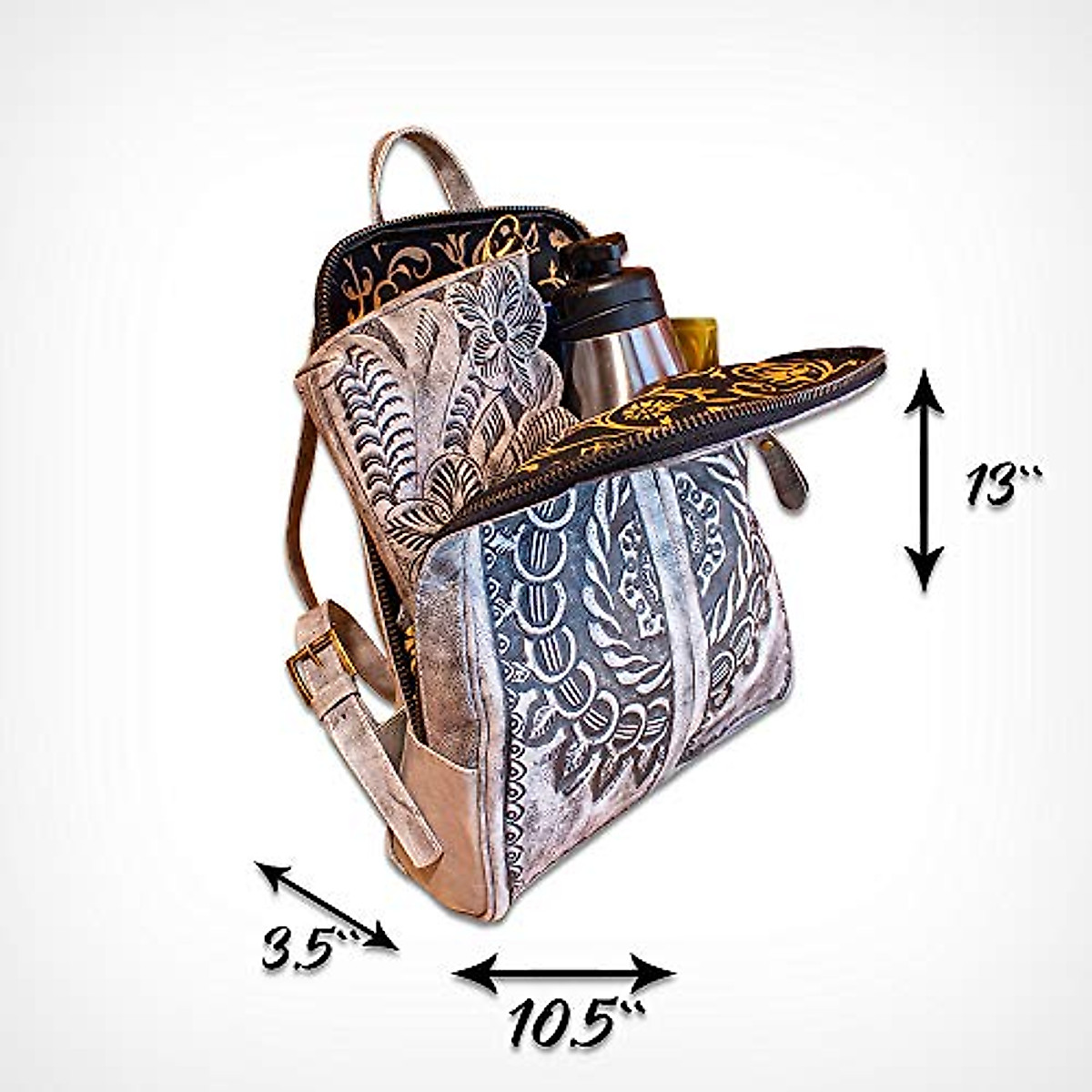 Santiago Sebastian Leathers Ladies Backpack Purse for Women, Genuine Leather, Hand tooled handbag, off white color