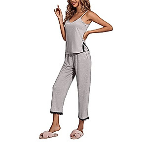 LYANER Women's Pajamas Set V Neck Sleeveless Cami Top with Pants PJ Sets Sleepwear Grey Medium
