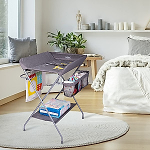 Baby Changing Table Nursing Station - Folding Diaper Table for Newborn Infant with Large Organizer Racks & Safety Belt, Grey